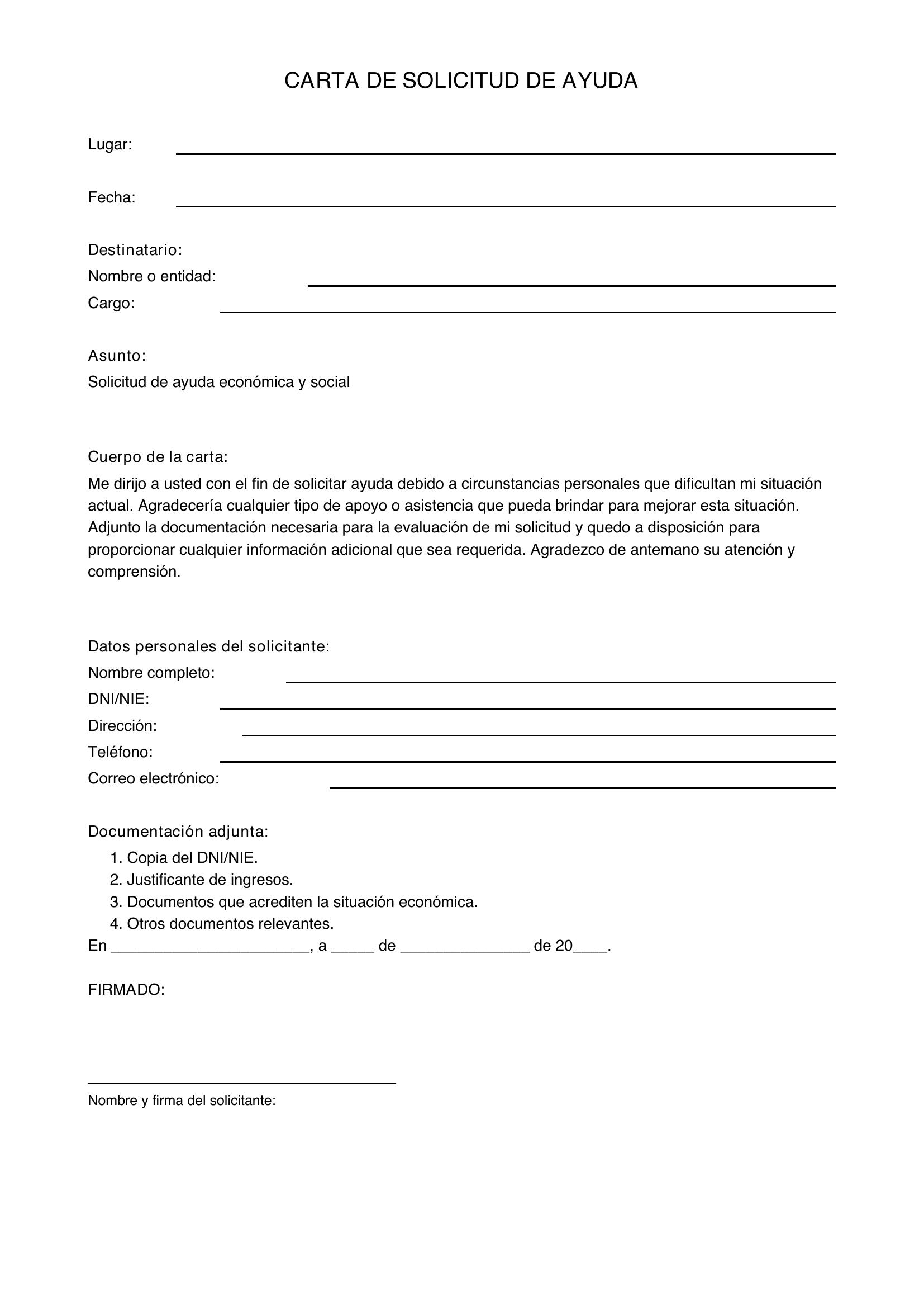 Modelo De Carta De Solicitud De Ayuda
