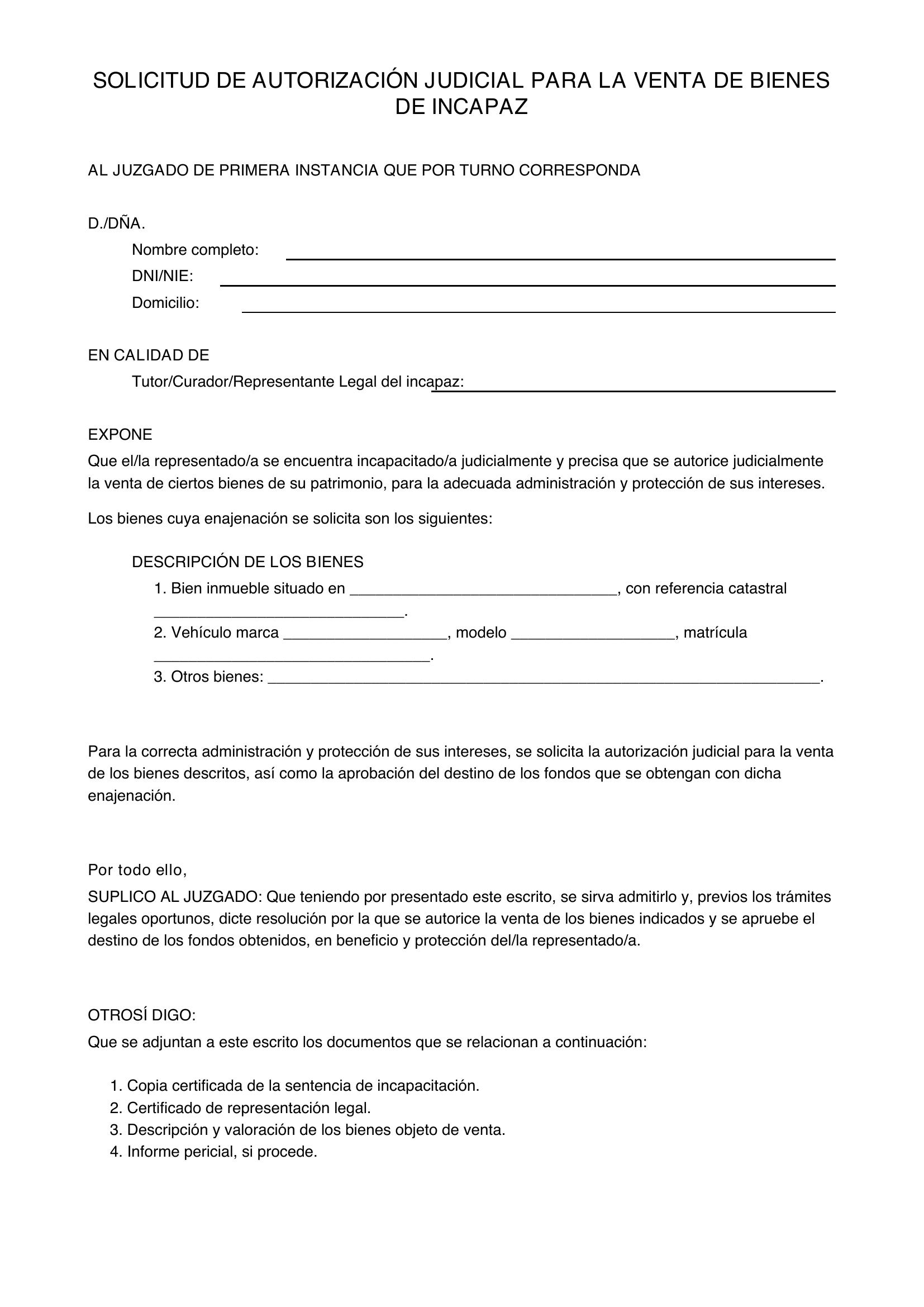 Modelo Solicitud Autorización Judicial Venta Bienes Incapaz