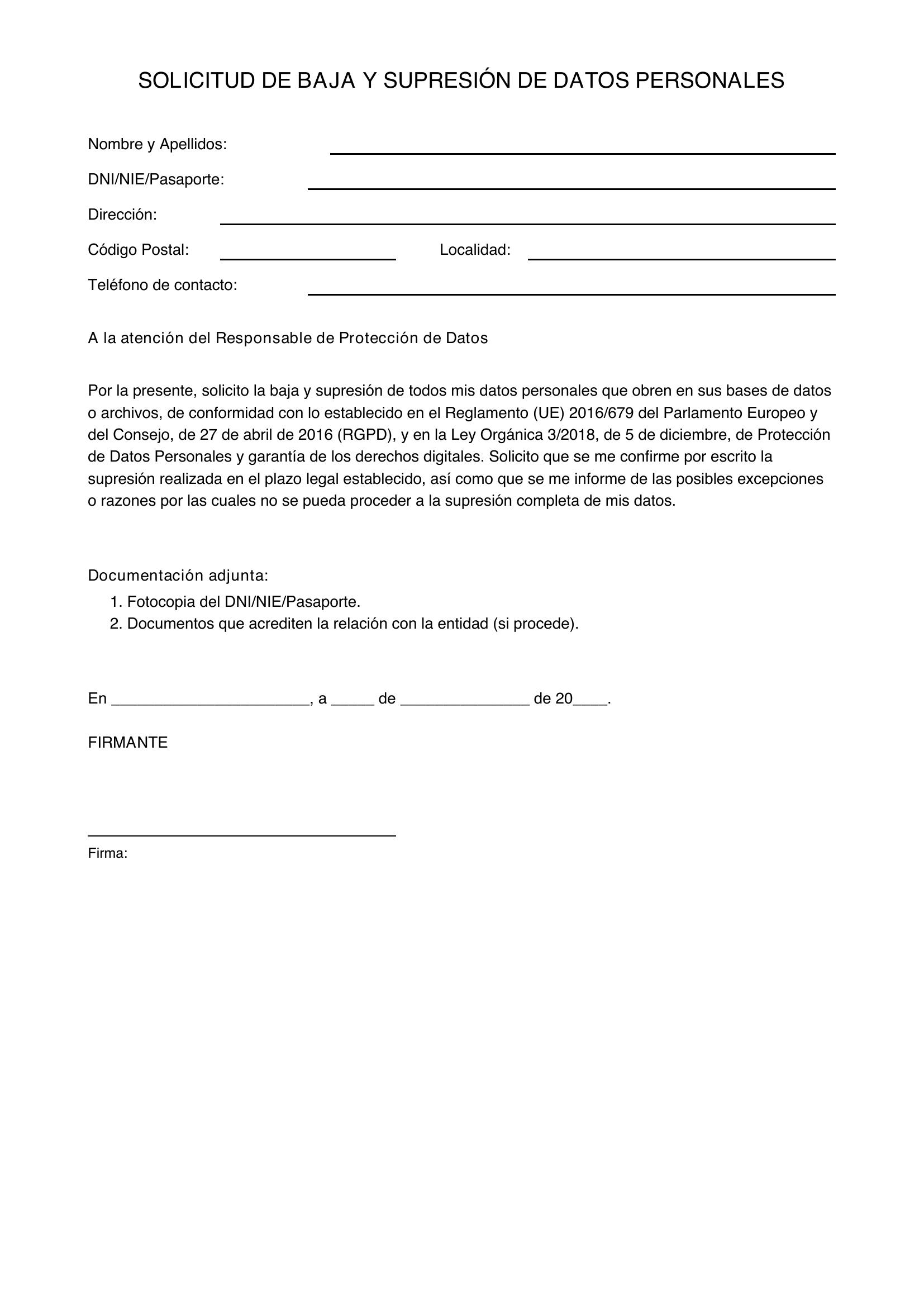 Modelo Solicitud Baja Datos Personales