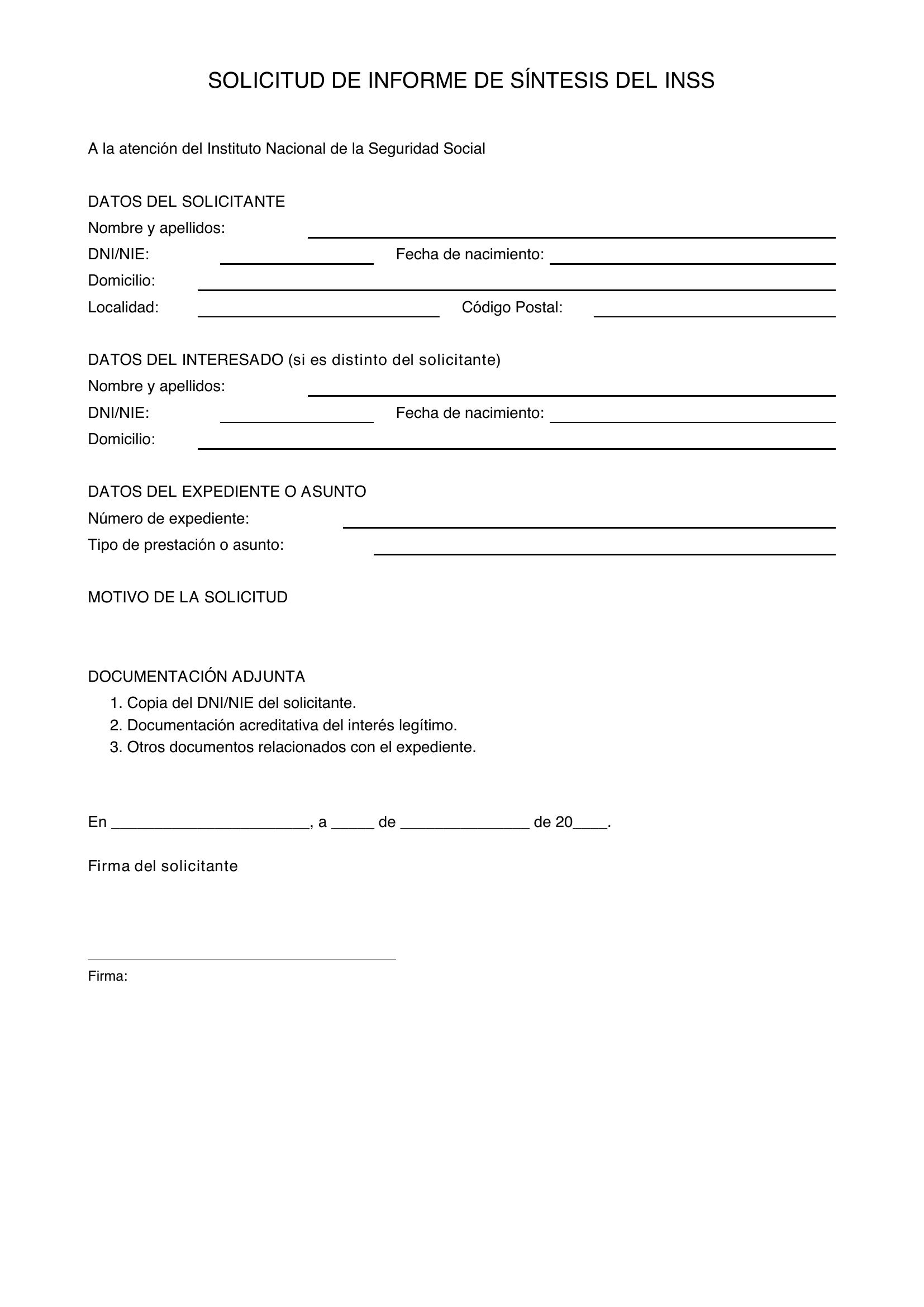 Modelo Solicitud Informe De Síntesis Inss
