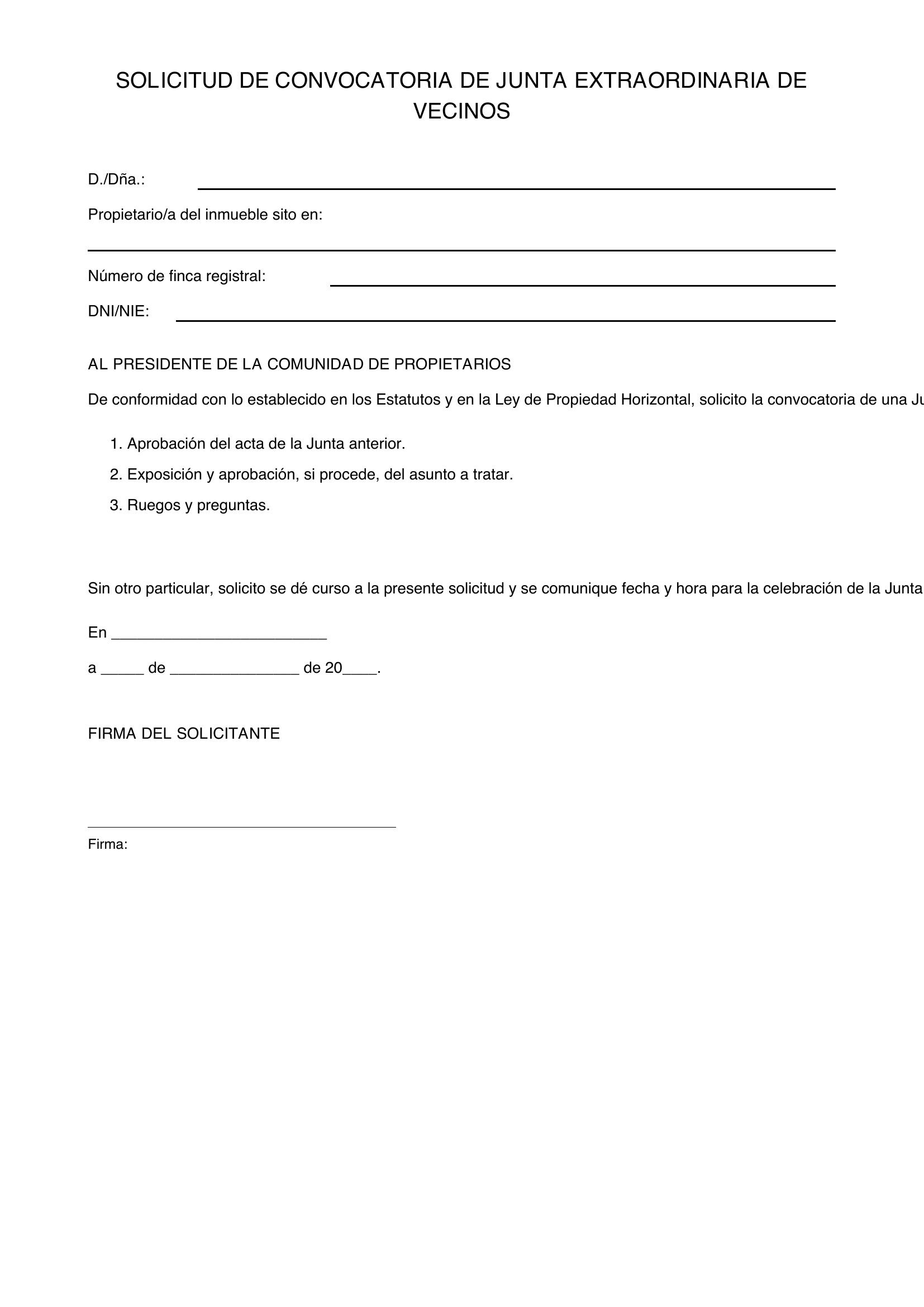 Modelo Solicitud Junta Extraordinaria Vecinos
