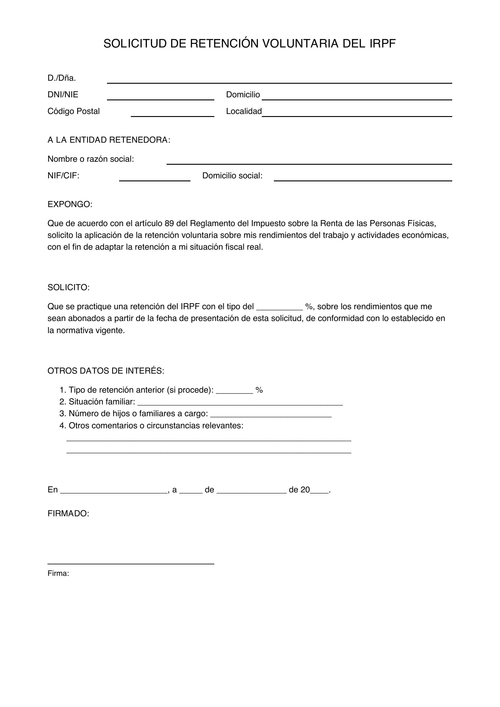 Modelo Solicitud Retención Voluntaria Irpf